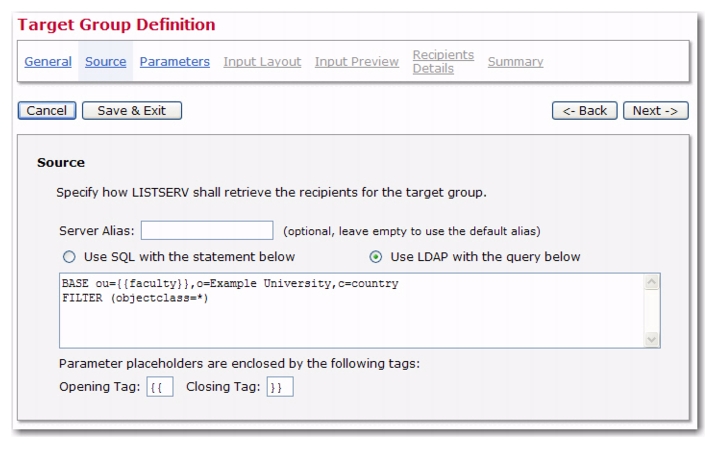 Creating Target Groups from a Database or LDAP Directory Accessed by LISTSERV